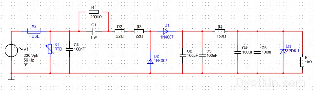 Low cost resistance capacitance step-down circuit 220V to 5V - Dyethin